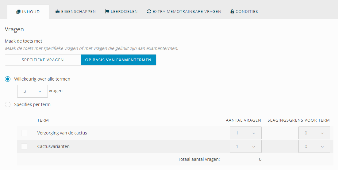 Toets activiteit instellen