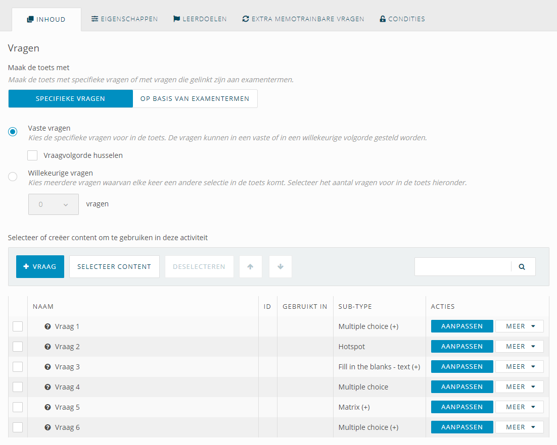 Toets activiteit instellen